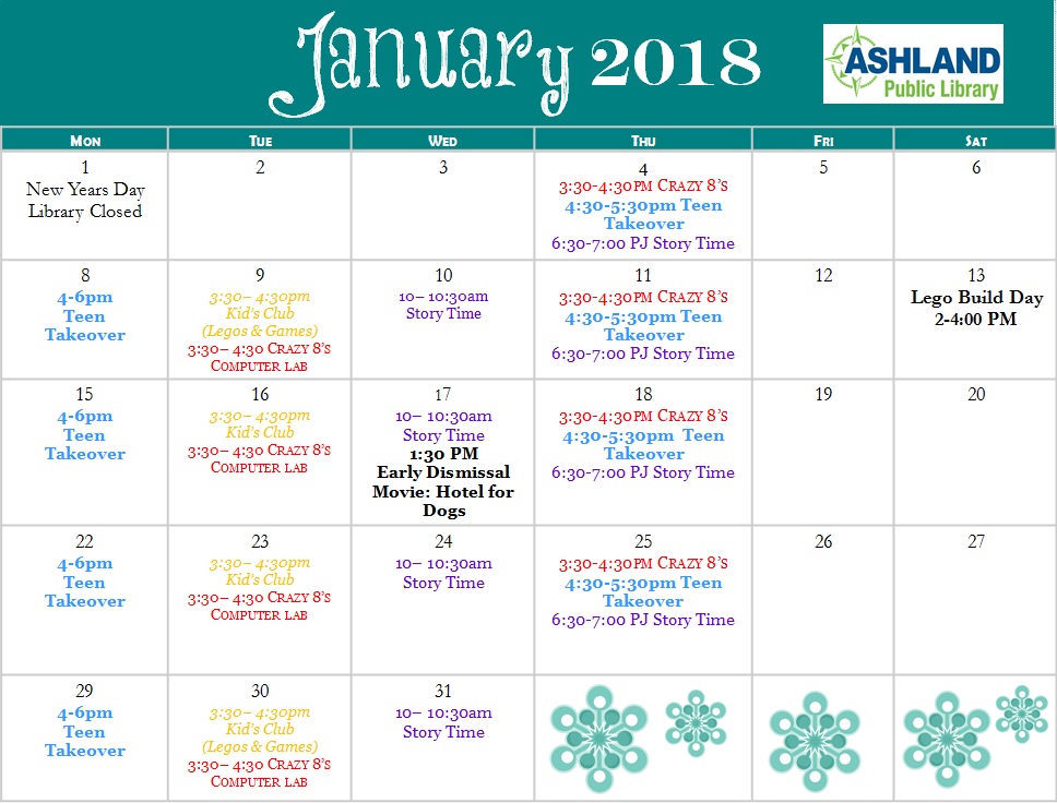 Kids January Calendar – Ashland Public Library