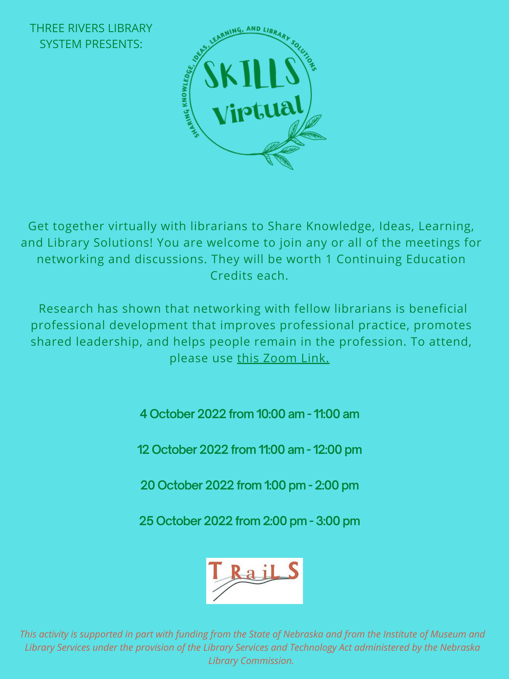 October Virtual SKILLS Meetings – Three Rivers Library System